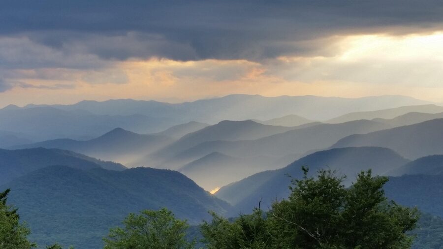 Smoky Mountains in fog at sunset