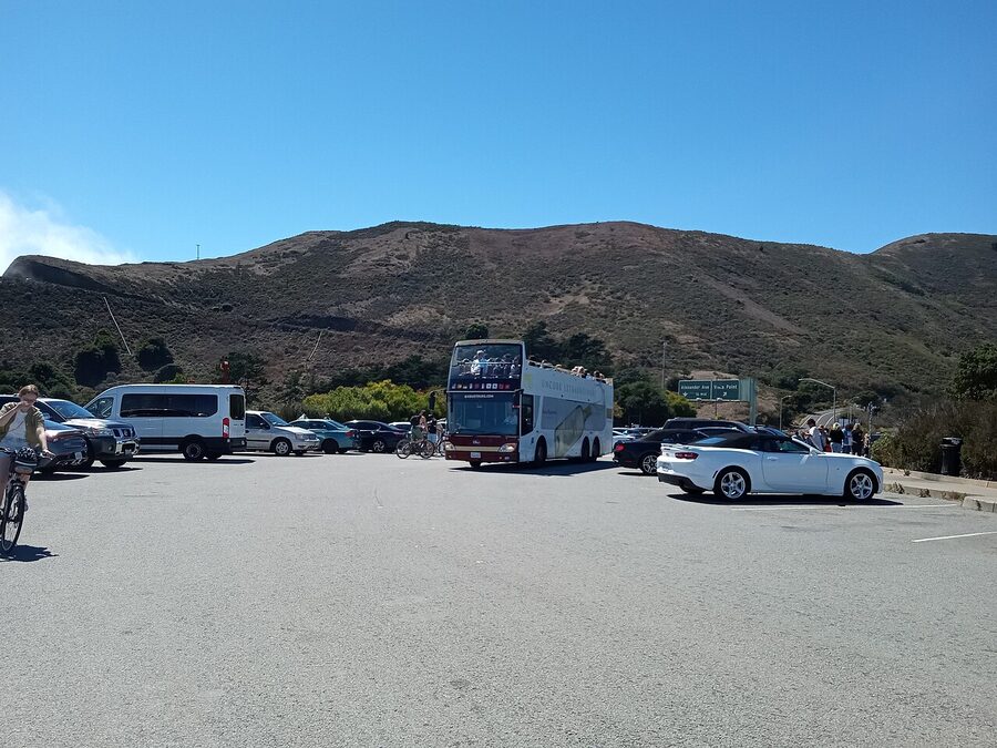 Open-top sightseeing bus near the Golden Gate Bridge, San Francisco