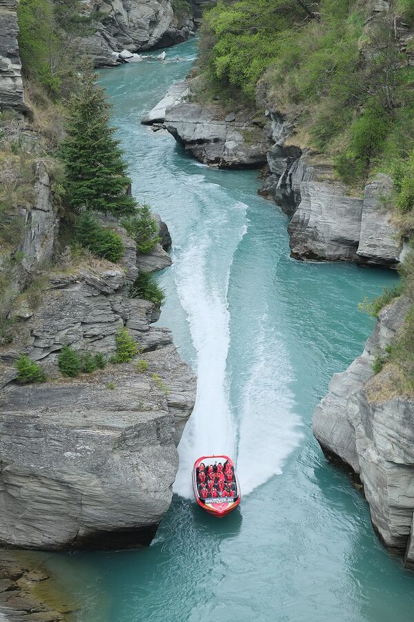 Shotover Jet boat exiting the Shotover Canyon at Arthur's Point