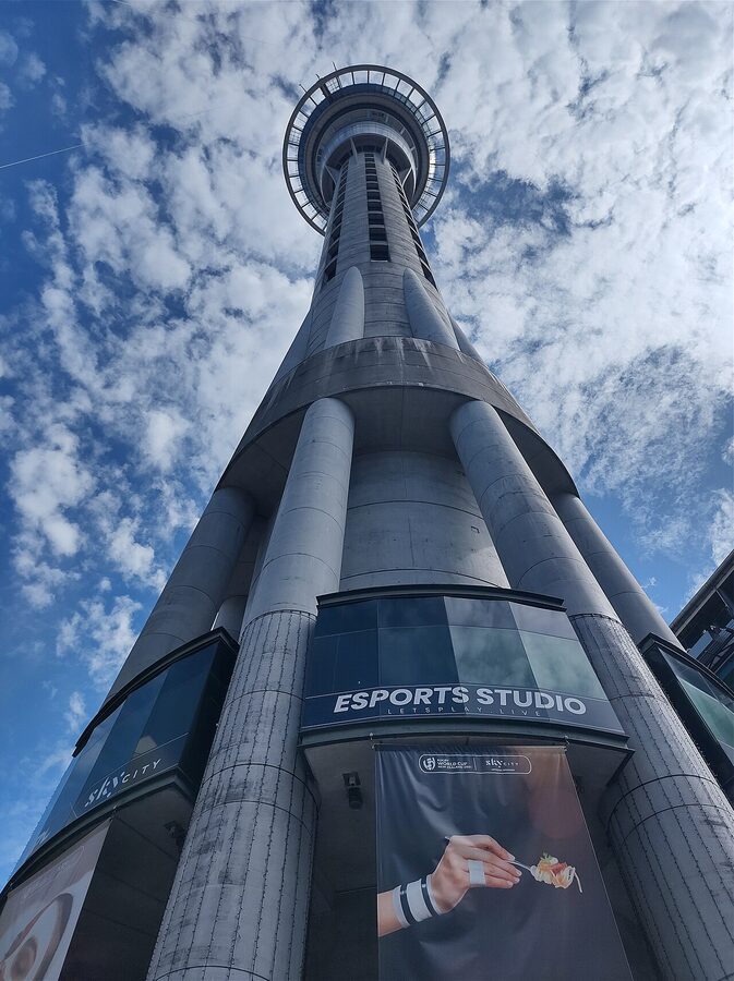 Sky Tower Auckland from the base looking up the column