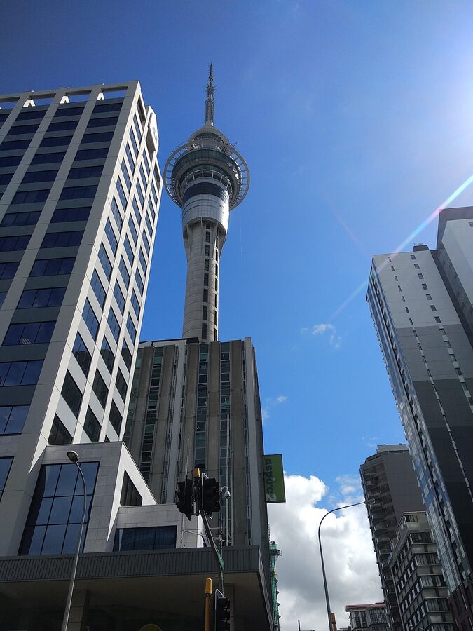 Sky Tower Auckland viewed from Federal Street entrance