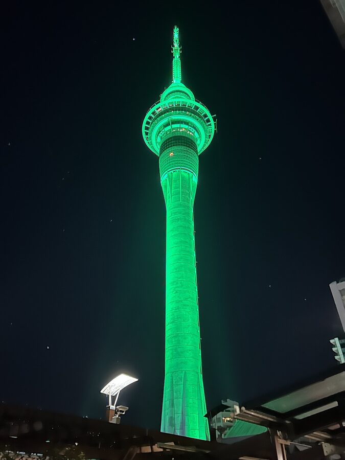 Sky Tower Auckland lit green for St Patricks Day