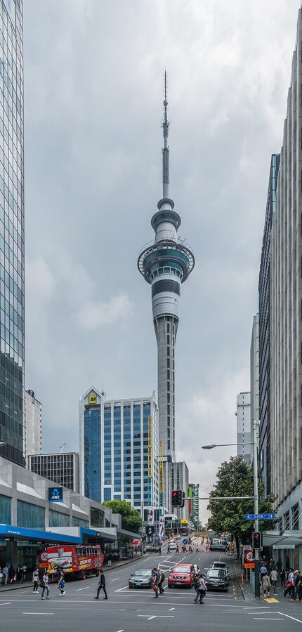 Sky Tower Auckland from below with surrounding skyline