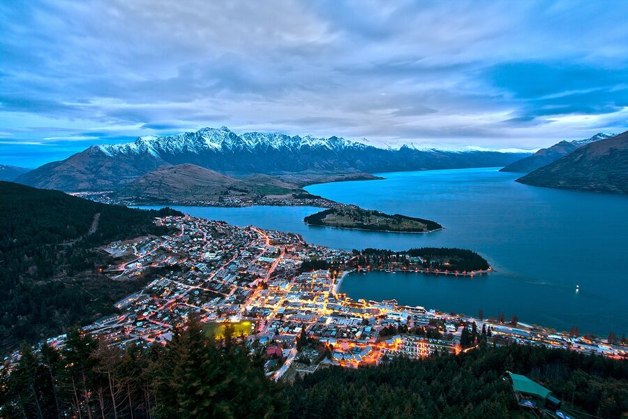 Aerial view of Queenstown from Bobs Peak with mountains around