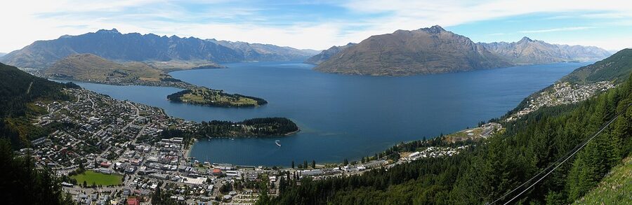 Wide panorama of Lake Wakatipu seen from Queenstown gondola