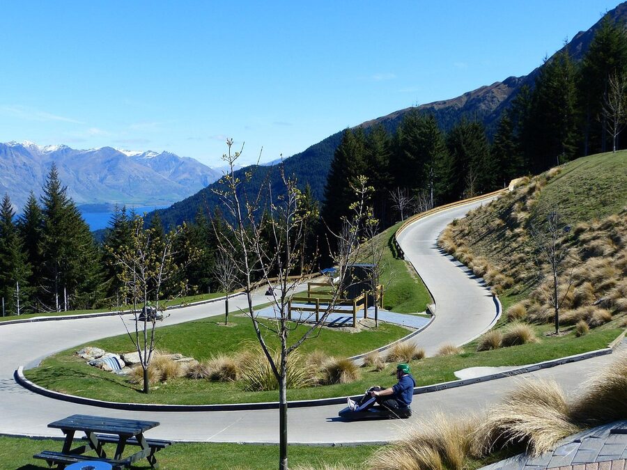 Banked turns on the Skyline Luge track at Bobs Peak Queenstown