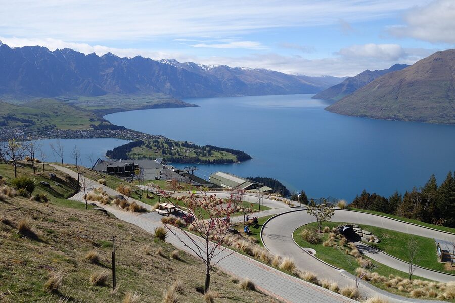 Skyline Queenstown summit view with luge tracks and Lake Wakatipu