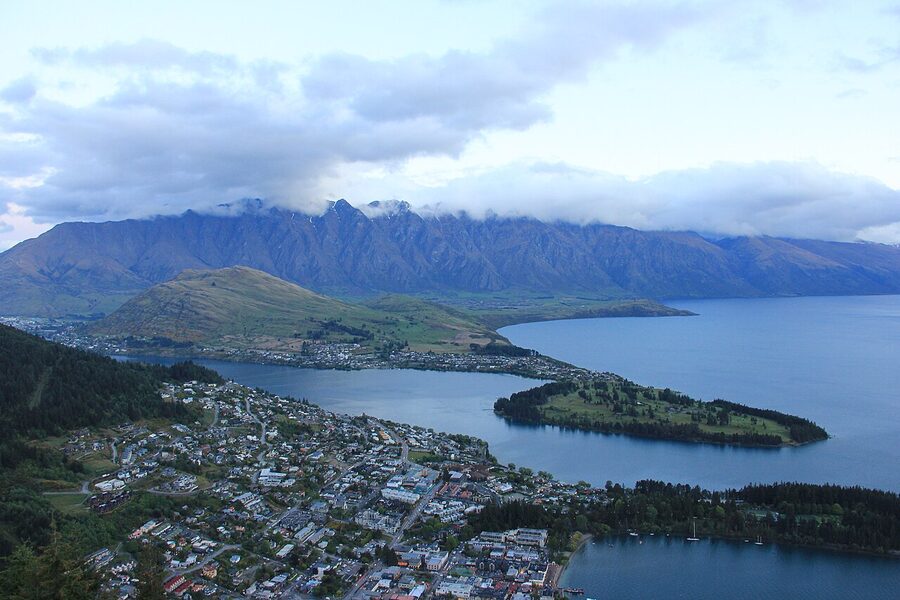 Queenstown and The Remarkables seen from the Skyline Gondola viewing deck