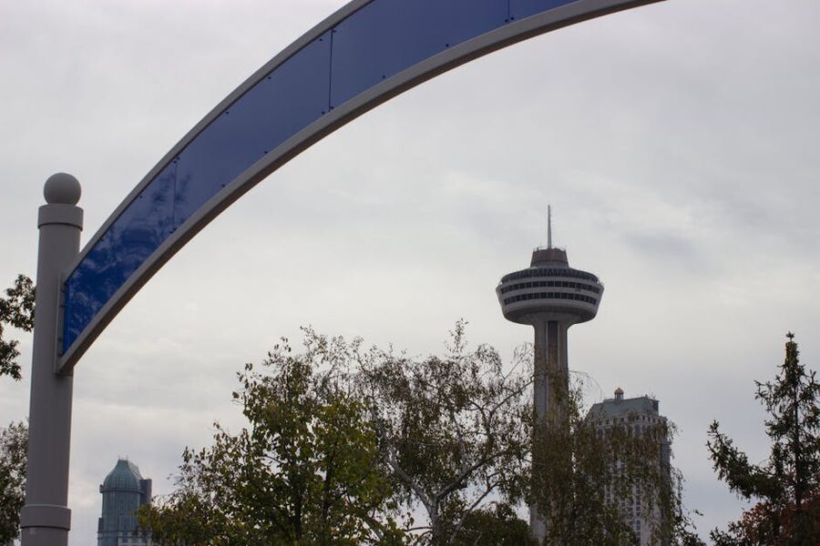 Skylon Tower framed through an arch on the Canadian side of Niagara Falls