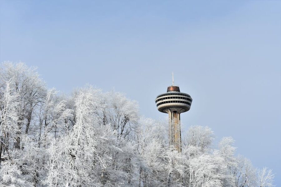 Skylon Tower surrounded by snow-covered trees in winter