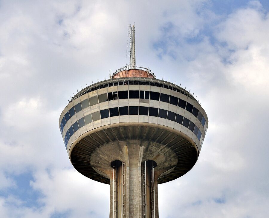 Close-up of Skylon Tower upper pod with observation deck and restaurants