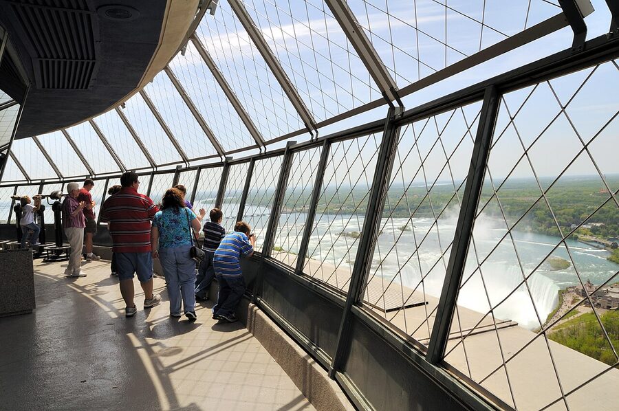 View of Niagara River gorge and Horseshoe Falls from Skylon Tower observation deck