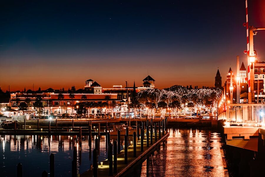 St Augustine harbor at night with reflected lights