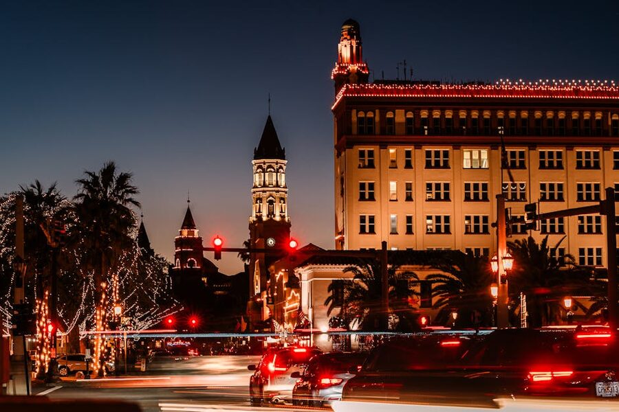 St Augustine historic district at night with string lights
