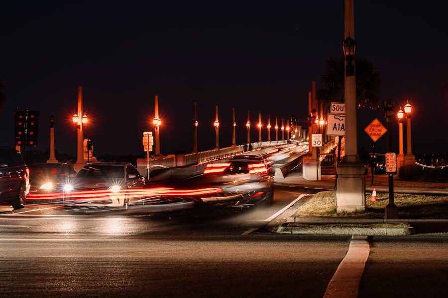 St Augustine Bridge of Lions at night traffic