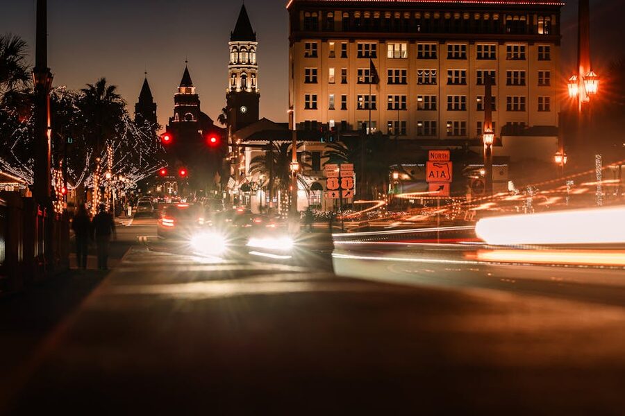 St Augustine historic street at night with long exposure light trails