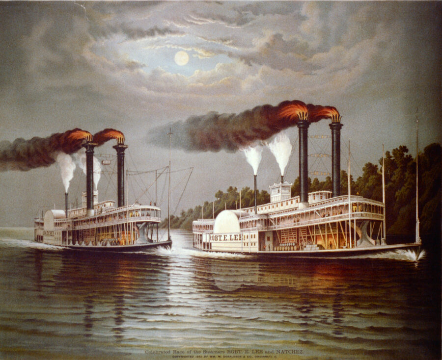 Lithograph of the celebrated 1870 steamboat race between the Robert E. Lee and Natchez on the Mississippi