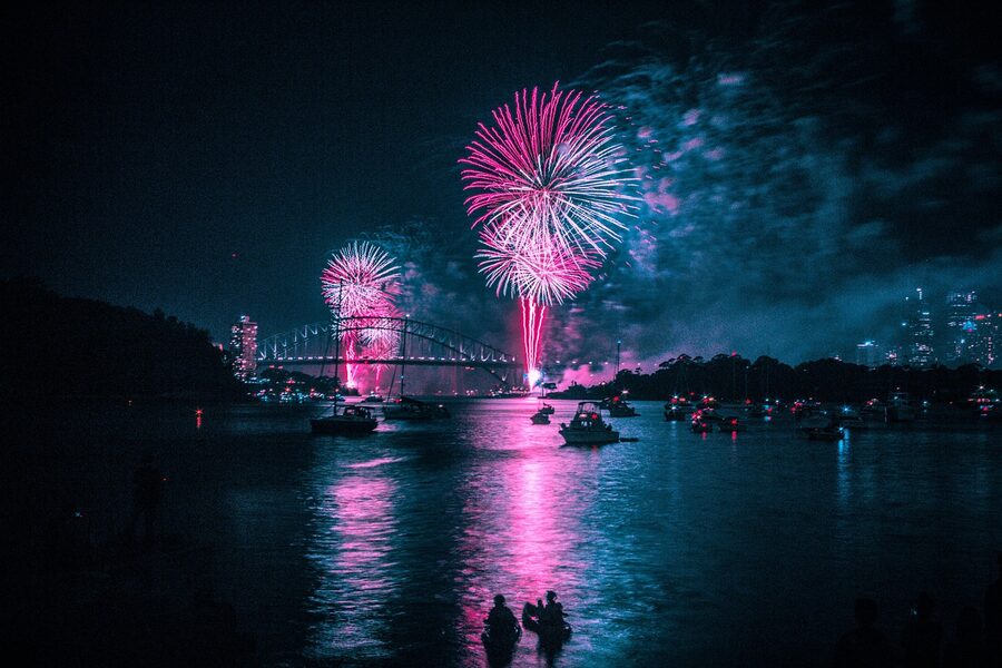 Sydney Harbour Bridge night fireworks reflection
