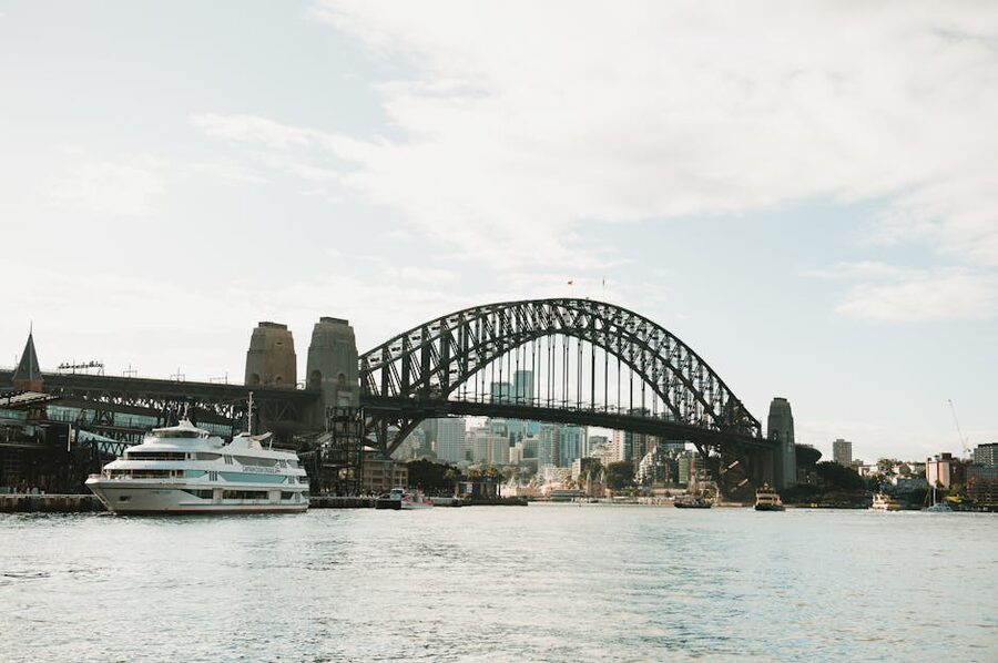 Sydney Harbour Bridge with cruise ship on a sunny day