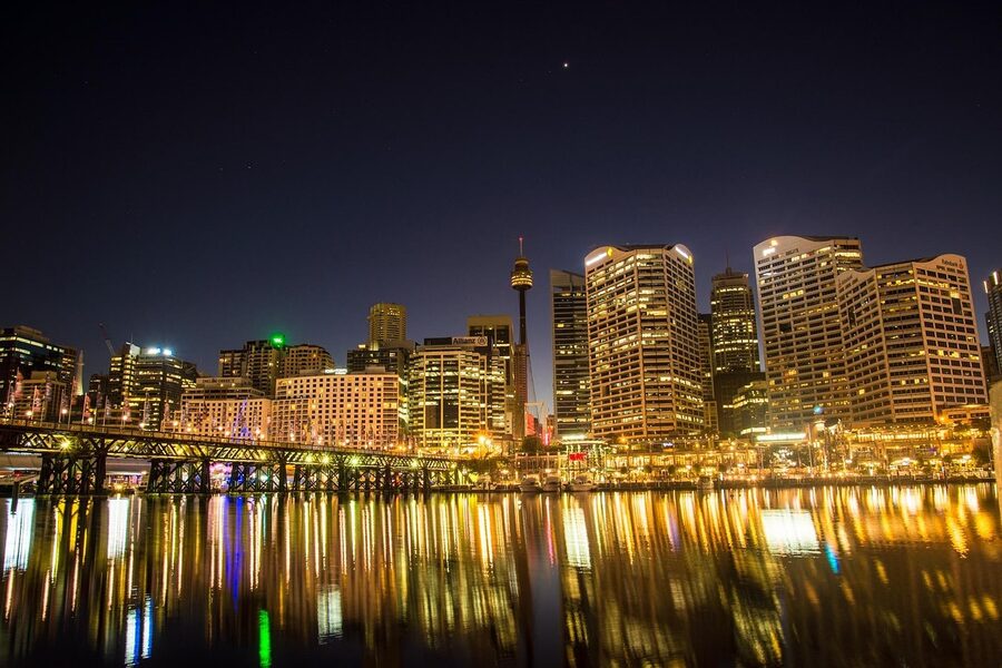 Darling Harbour Sydney lit up at night