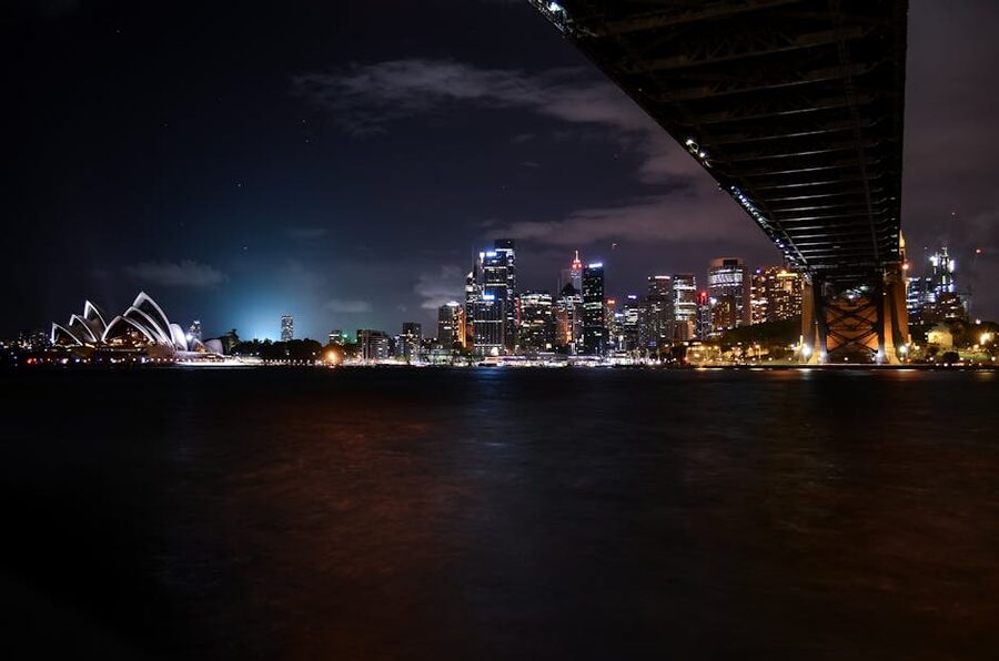 Sydney Opera House and Bridge at night with city skyline
