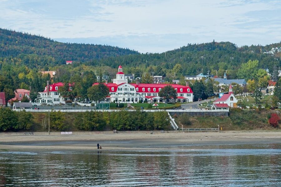 Hotel Tadoussac with red roofs on the bay Quebec