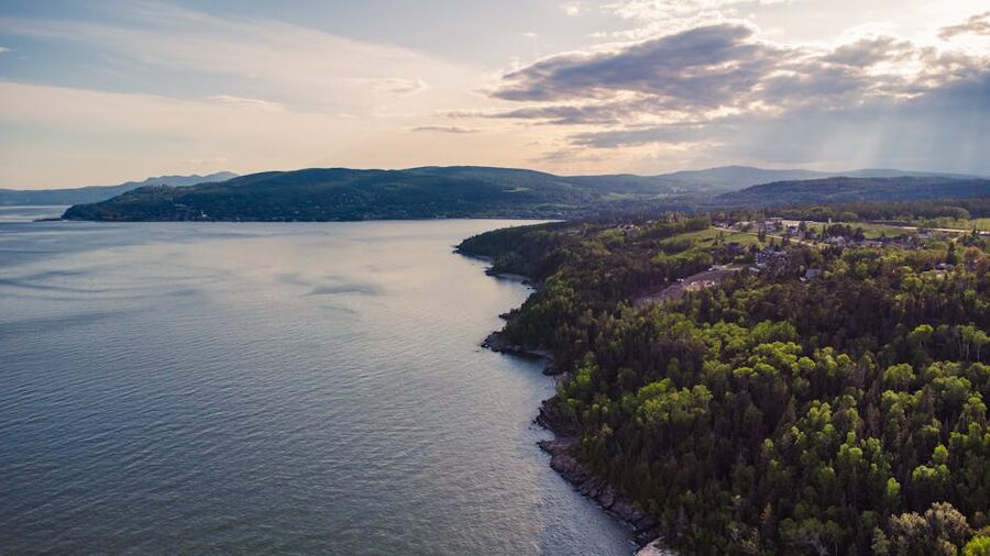 Aerial view La Malbaie Charlevoix coastline Quebec
