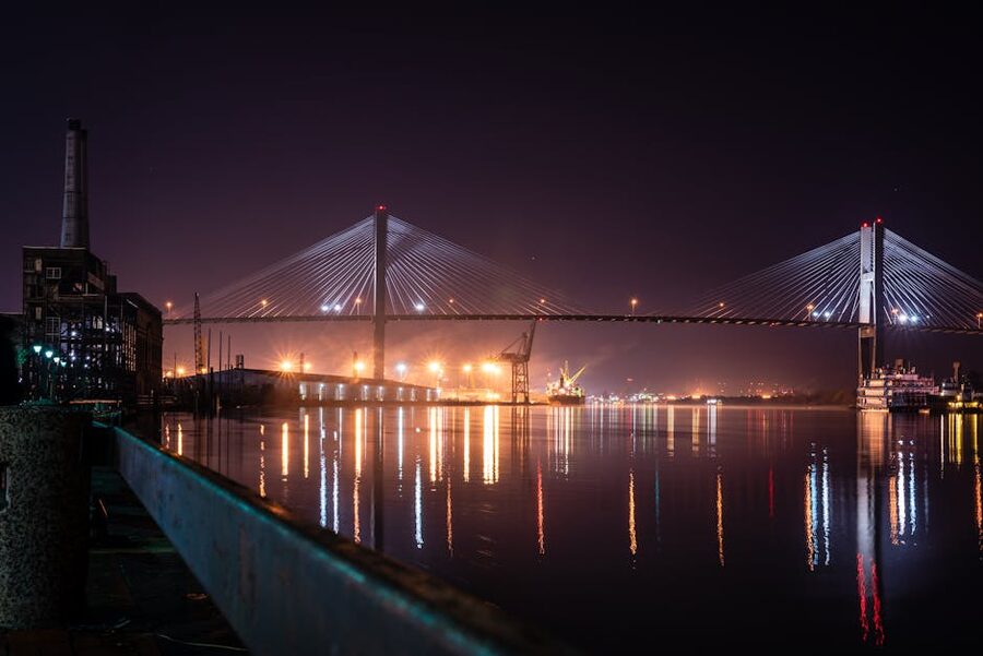 Talmadge Memorial Bridge lit up over the Savannah River at night
