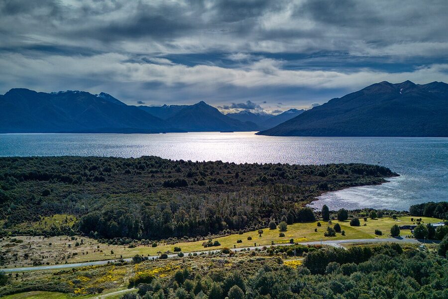 Panoramic view across Lake Te Anau from the lakefront