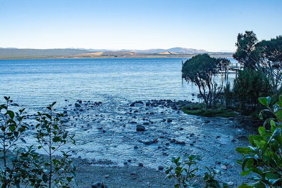 Lake shore arrival point at the Te Anau Glowworm Caves