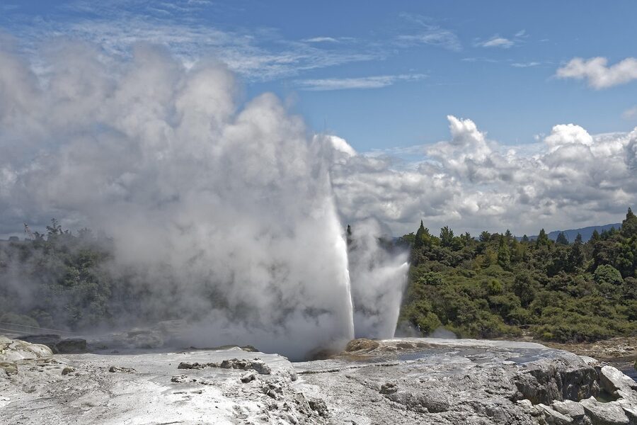 Pohutu Geyser steam plume rising at Te Puia