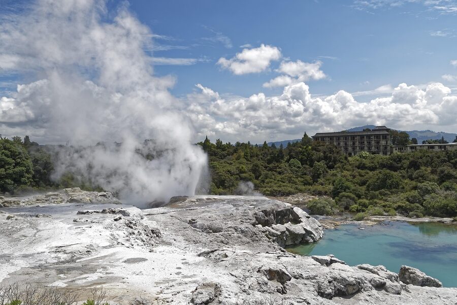 Pohutu Geyser at Te Puia erupting with water column