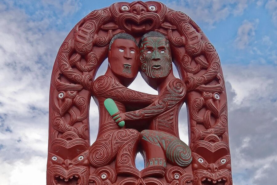 Carved Maori figure at Te Puia, Rotorua, with paua shell eyes