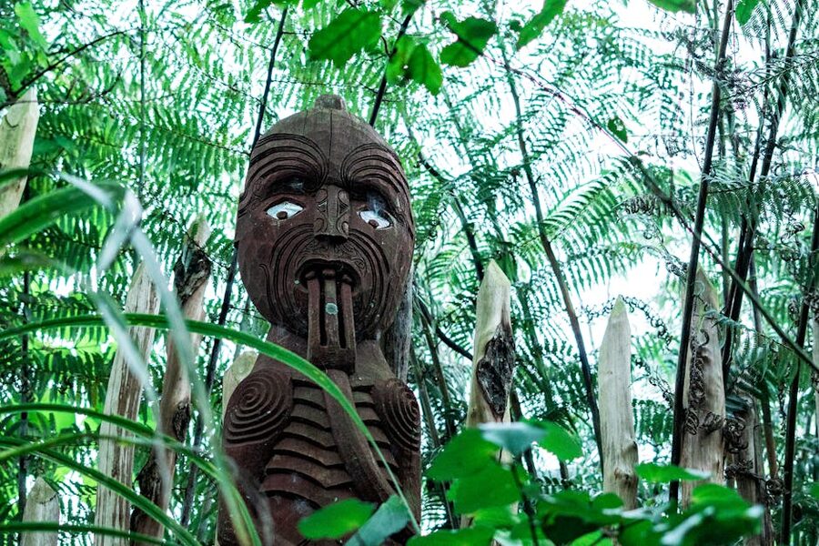 Maori totem figure at Te Puia surrounded by native New Zealand forest