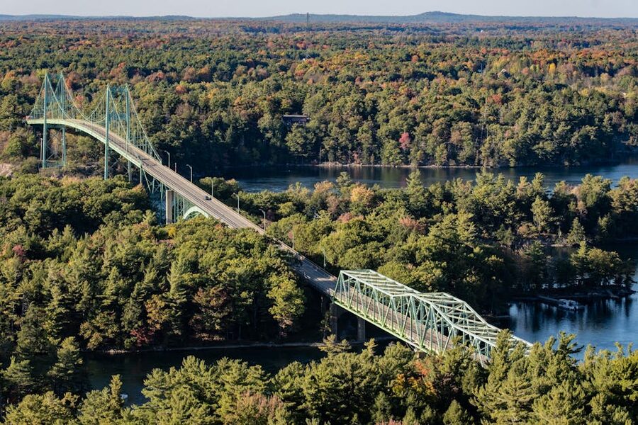 Thousand Islands Bridge in autumn aerial view