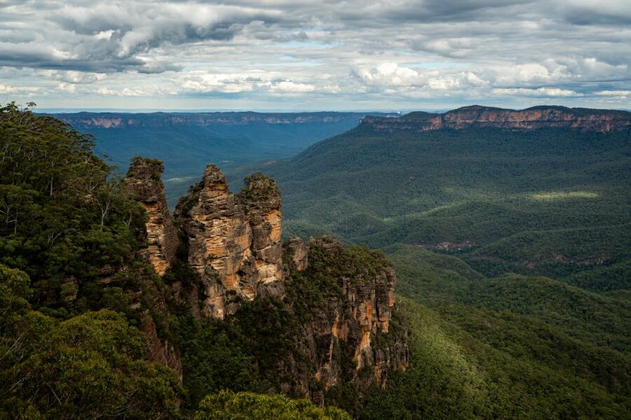 Aerial view of the Three Sisters sandstone rock formation NSW
