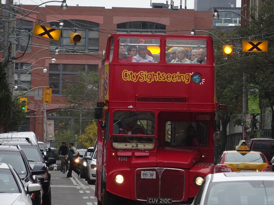 Double-decker tour bus on King Street in Toronto