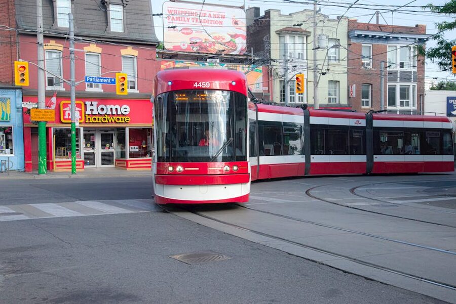 Modern Toronto streetcar near Parliament Street
