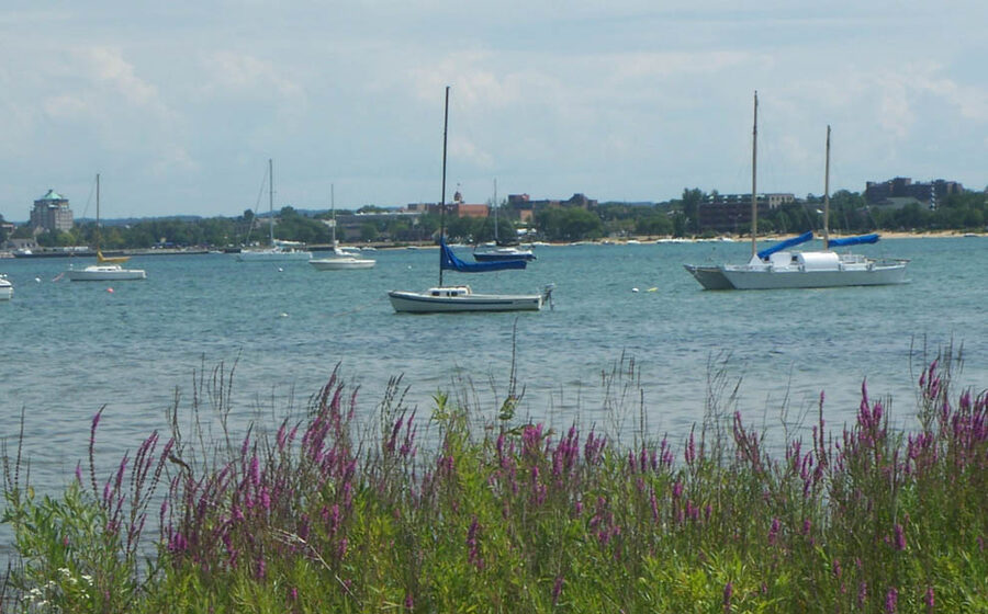 Traverse City waterfront with boats in Grand Traverse Bay