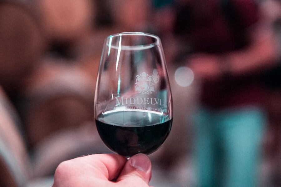 Red wine glass held up at a vineyard estate
