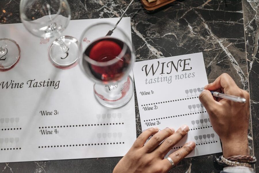 Wine tasting flight with glasses and notes on marble surface