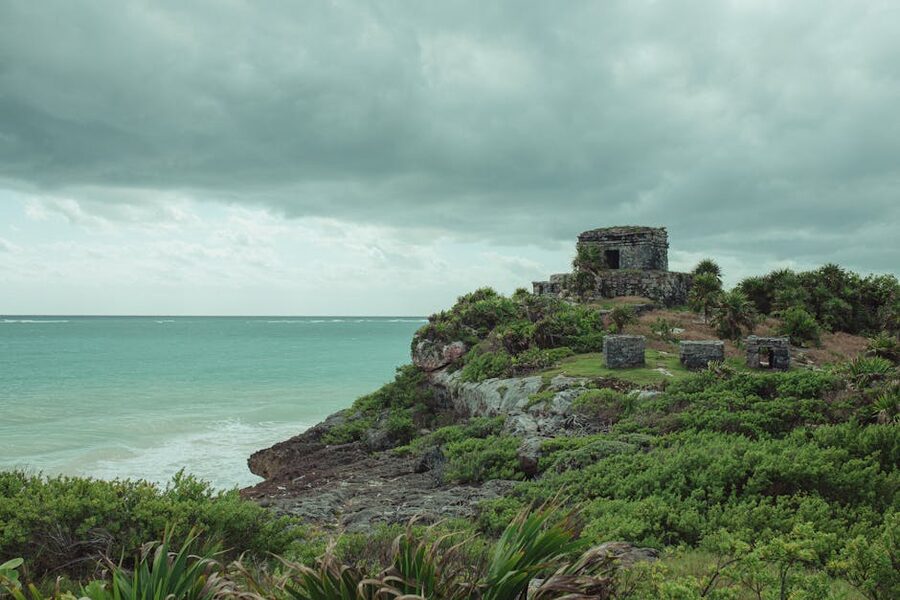 Tulum ruins over turquoise Caribbean sea