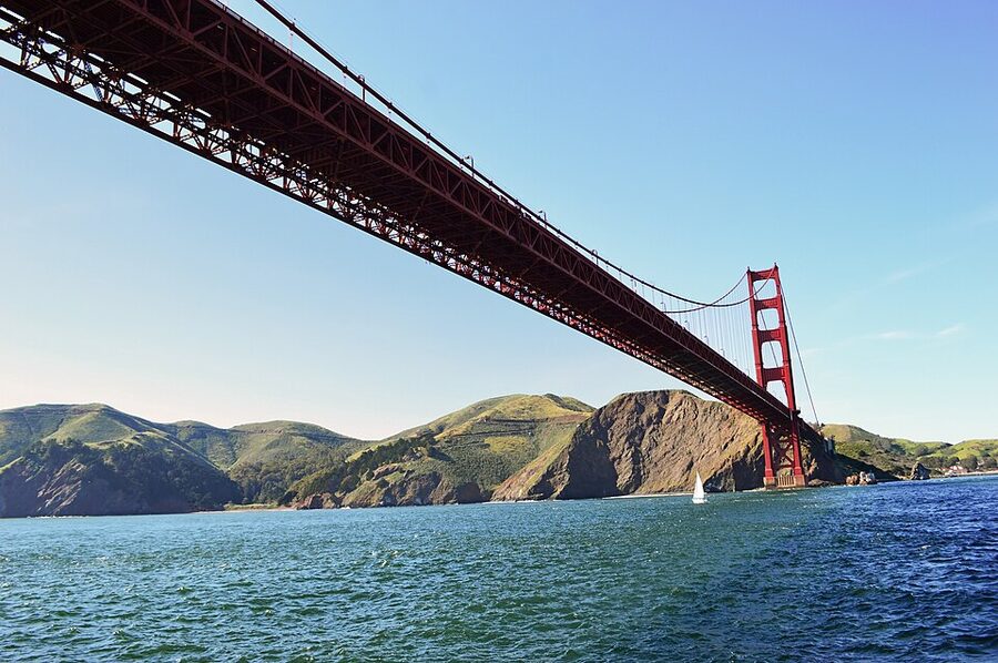 Looking up from under the Golden Gate Bridge from a ferry