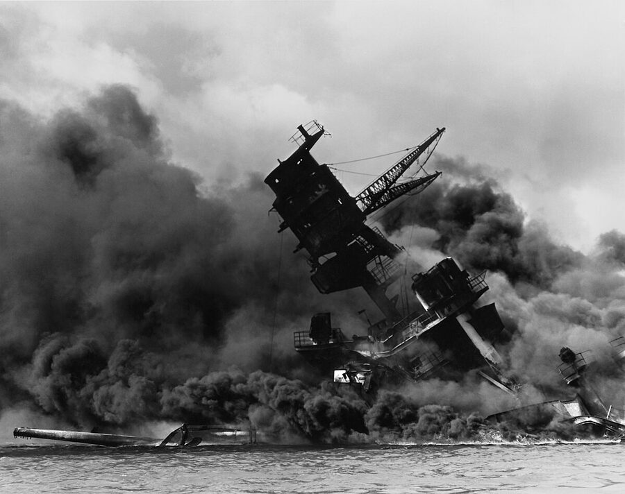 USS Arizona battleship burning after Japanese attack on Pearl Harbor December 7 1941