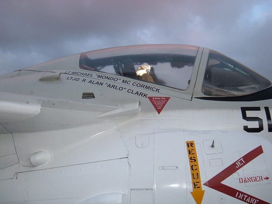 A-6 Intruder cockpit open for visitors on USS Midway flight deck