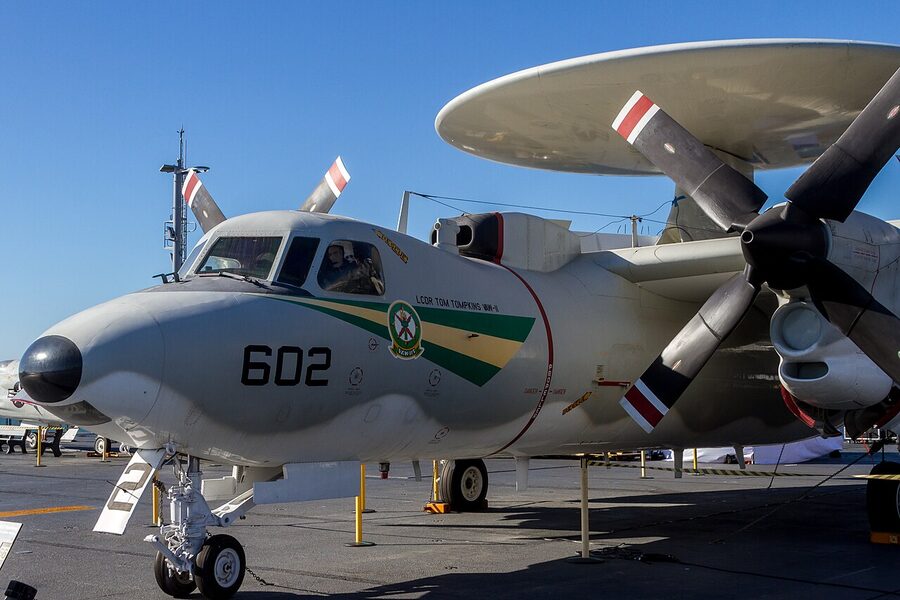E-2 Hawkeye aircraft parked on the USS Midway Museum flight deck