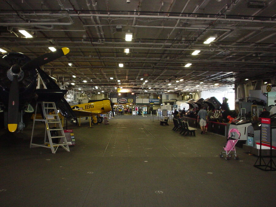 Main exhibit area on the USS Midway Museum hangar deck looking aft