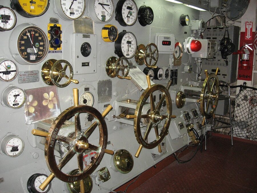 Throttle and instrument panel in the engine room below deck on the USS Midway