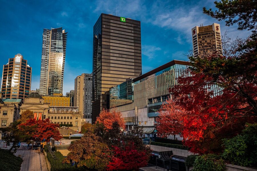 Vancouver downtown skyline with fall foliage