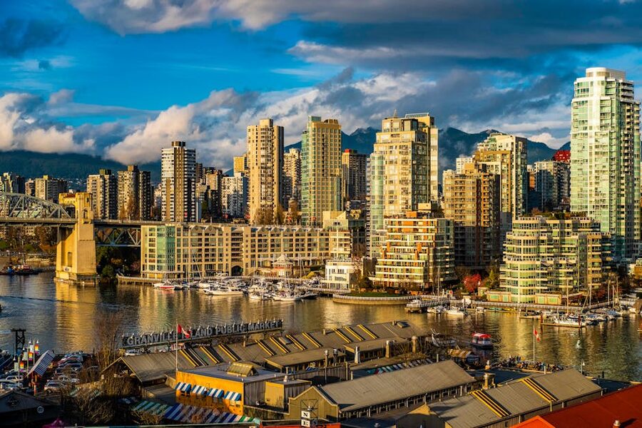 Granville Island public market and Vancouver skyline